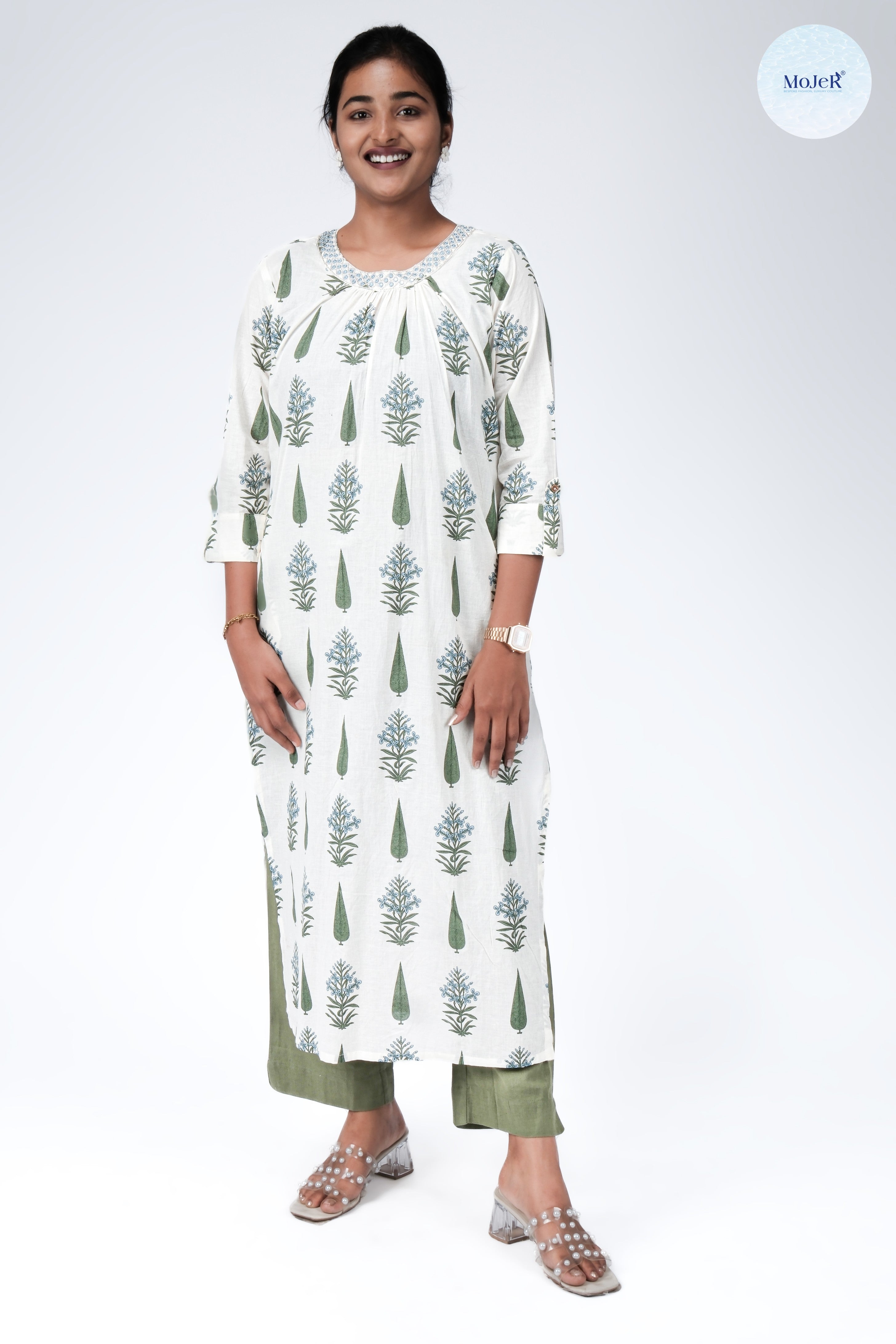 Ivory Green Handblock Printed Kurta with Mirror Work Neckline – Mojer