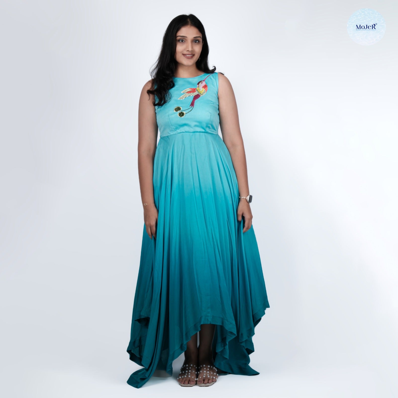 Turquoise Ombre Satin Organza Gown with Hummingbird Embroidery – Mojer